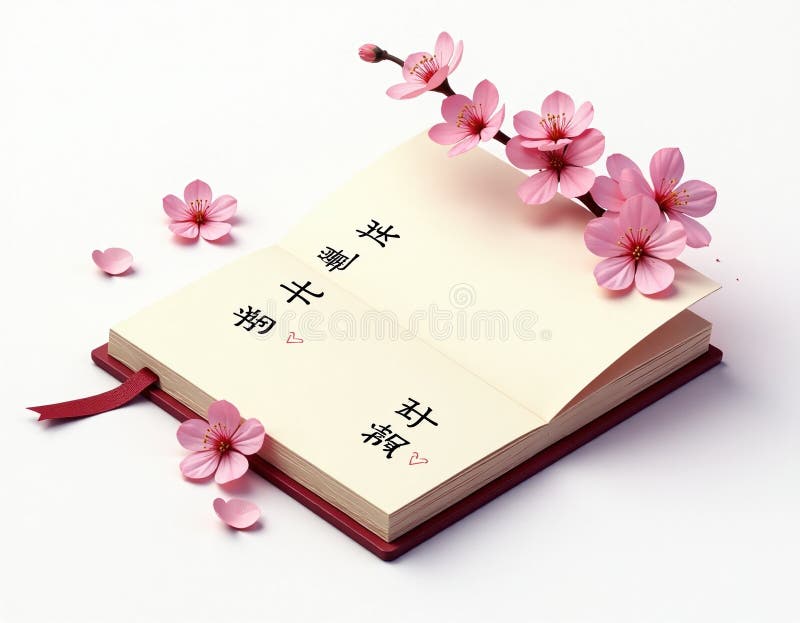 Open Book with Cherry Blossoms and Japanese Characters Stock ...