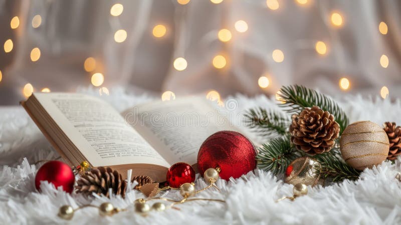 Open Book with Christmas Decorations and Pine Cones on Fluffy White ...