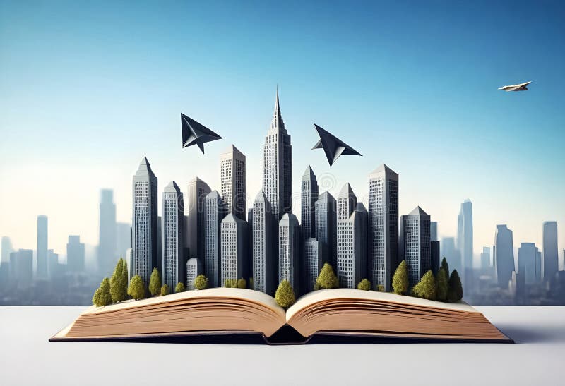 Open Book with Cityscape and Paper Planes on it Stock Illustration ...