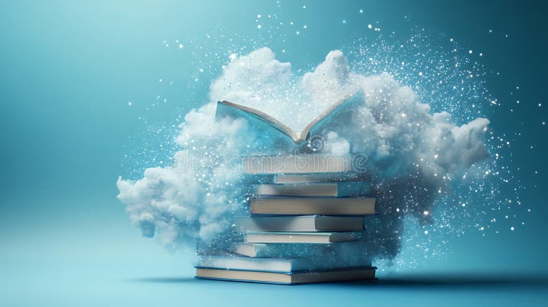 Open Book with Cloud and Glitter on Stack Representing Imagination and ...