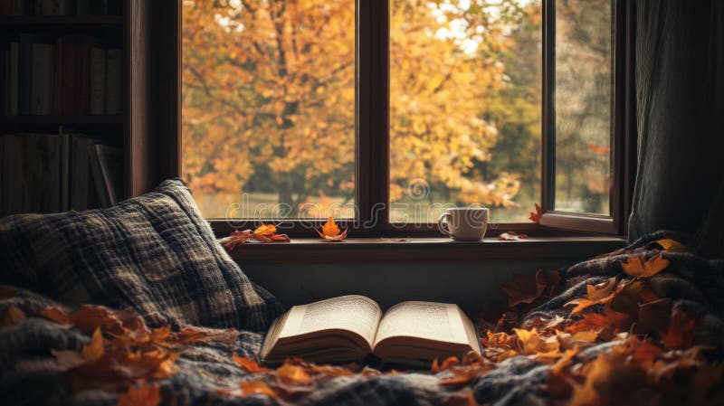 Open Book, Coffee Mug, and Autumn Leaves on a Window Seat Stock ...
