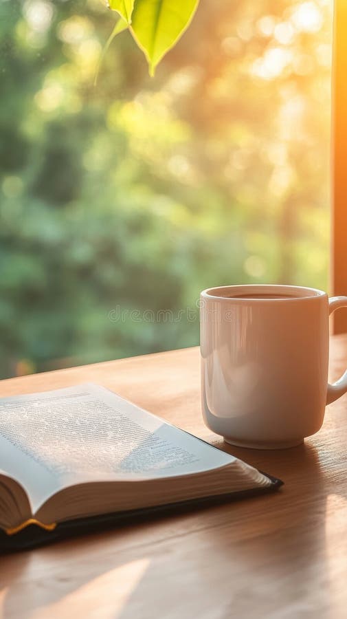 Open Book with Coffee Mug on Wooden Table in Sunlight Stock Photo ...
