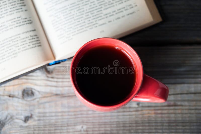 Open Book and Coffee or Tea Top View on Table Stock Image - Image of ...