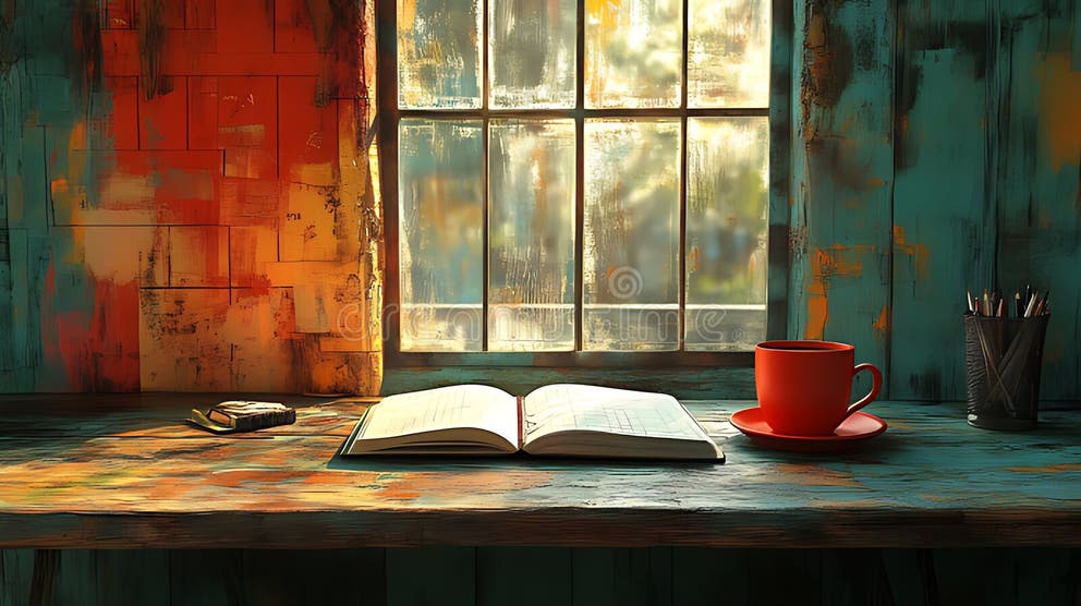 Open Book, Coffee, Window, Rustic Desk, Sunlit Room, Reading Stock ...