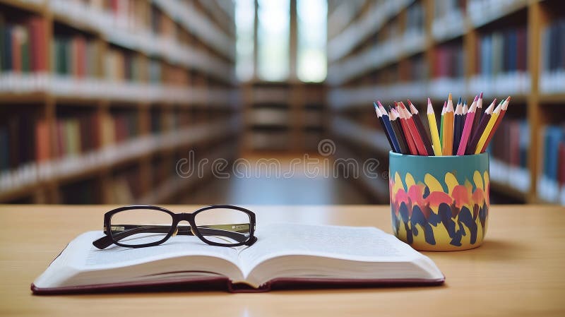 Open Book and Colored Pencils Resting in a Quiet Library Setting Stock ...