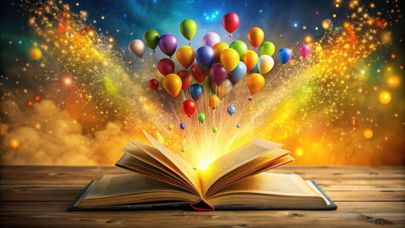 Open Book with Colorful Balloons Ascending from Its Pages, Illuminated ...