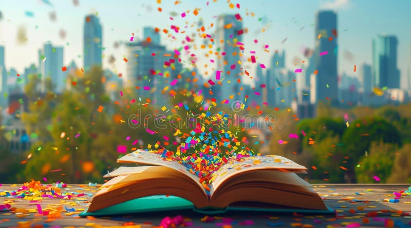 Open Book with Colorful Confetti Falling in Front of a City Skyline ...