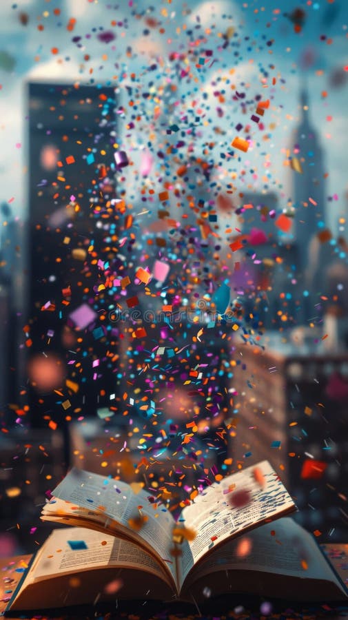 Open Book with Colorful Confetti Falling in Front of Cityscape Stock ...