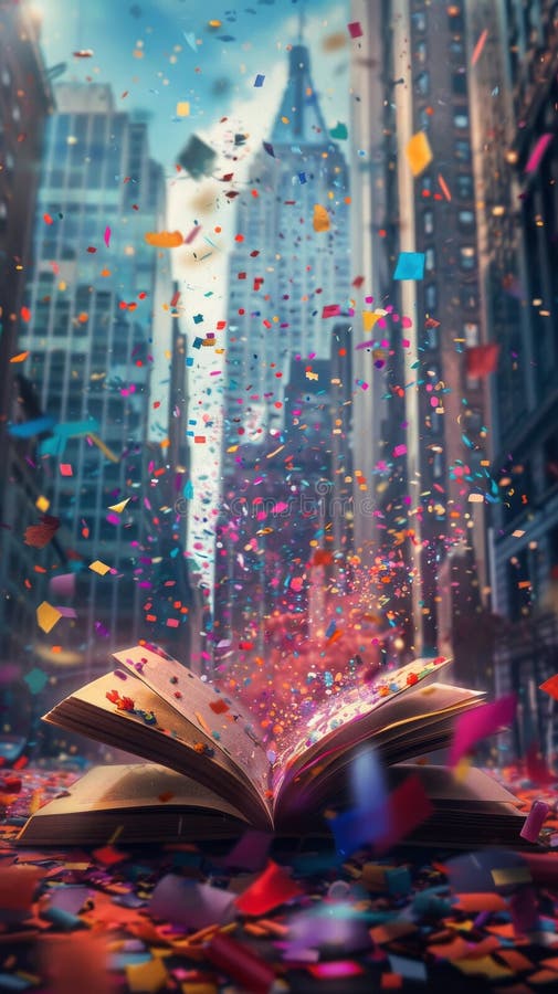 Open Book with Colorful Confetti Falling in Front of Cityscape Stock ...