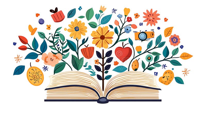 Open Book with Colorful Flowers and Leaves Blooming Out, Symbolizing ...