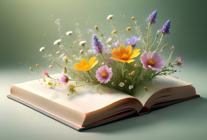 Open Book with Colorful Flowers, Magical World of Reading and Knowledge ...