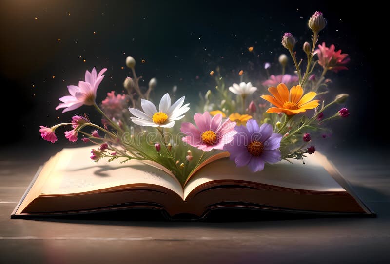 Open Book with Colorful Flowers, Magical World of Reading and Knowledge ...