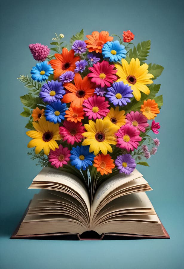 An Open Book with Colorful Flowers on Top Stock Illustration ...