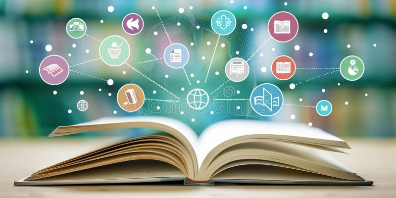 Open Book with Colorful Icons Representing Knowledge, Education, and ...