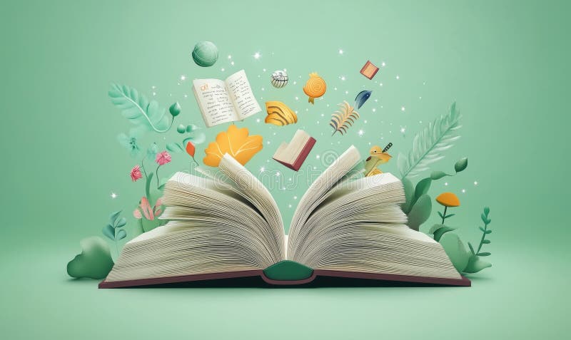 Open Book with Colorful Illustrations and Magical Elements Floating ...