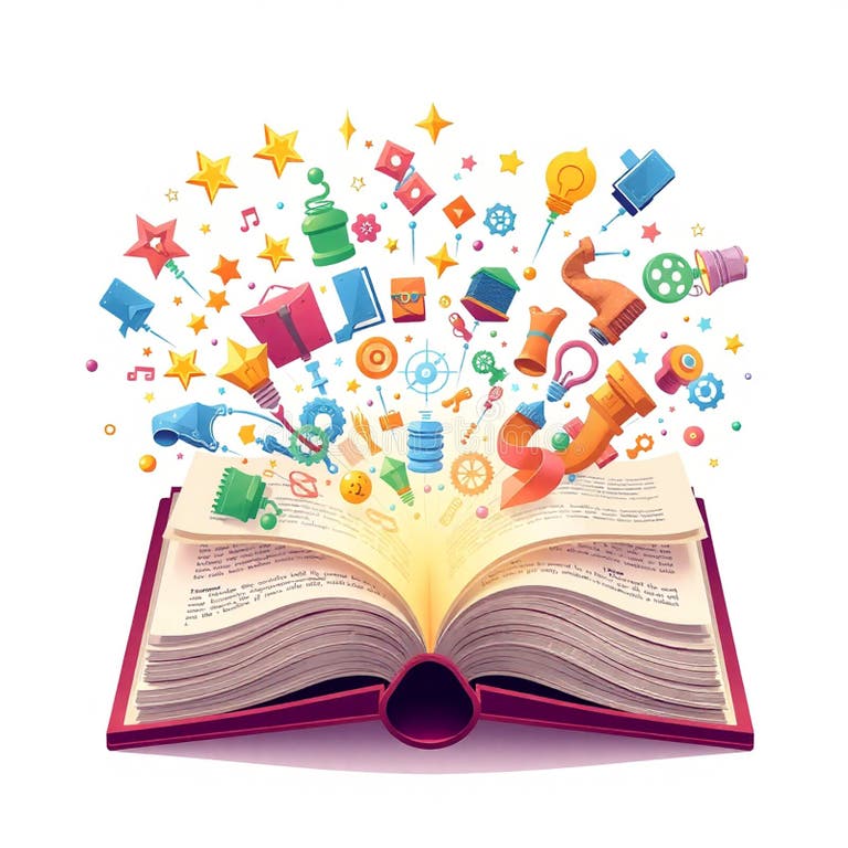 Open Book Colorful Objects Exploding Imagination Creativity Story Reading Knowledge Learning ...