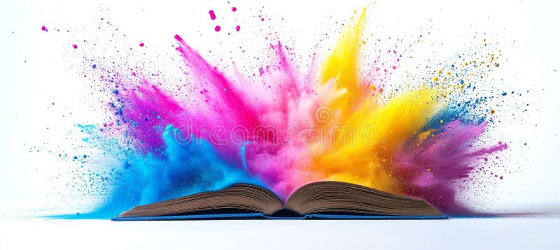 Open Book with Colorful Paint Explosion, White Background, Vibrant ...
