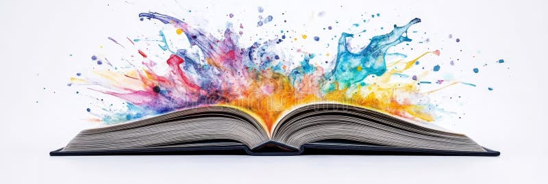 Open Book with a Colorful Paint Splash Exploding Out, on White Paper ...