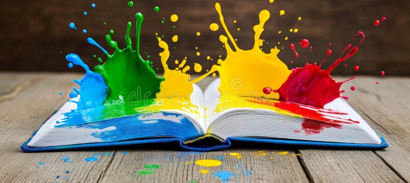 Open Book with Colorful Paint Splashes, Concept of Creativity ...