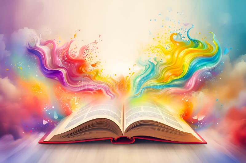 Open Book with Colorful Rainbow Splashes Stock Photo - Image of magic ...