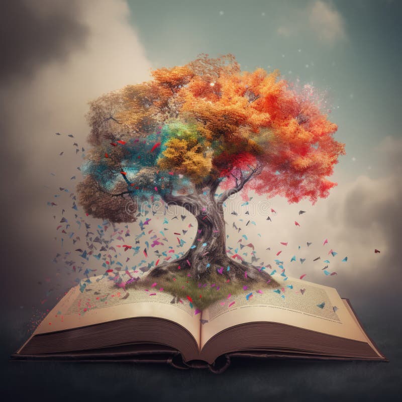 Open Book with Colourful Tree Over Clouds, Created Using Generative Ai ...