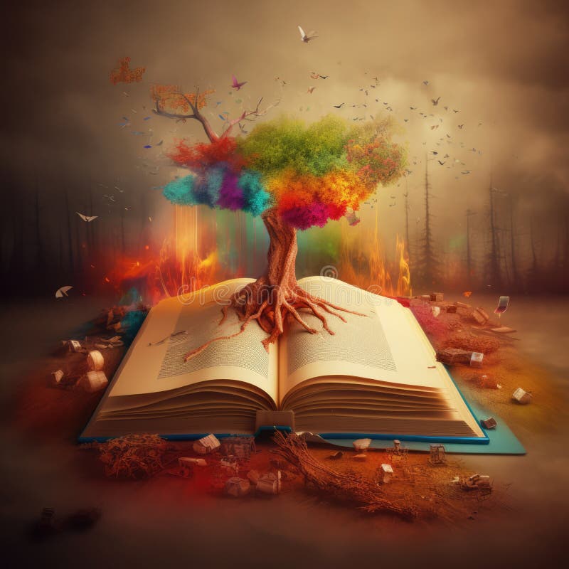 Open Book with Colourful Tree Over Dried Forest, Created Using ...