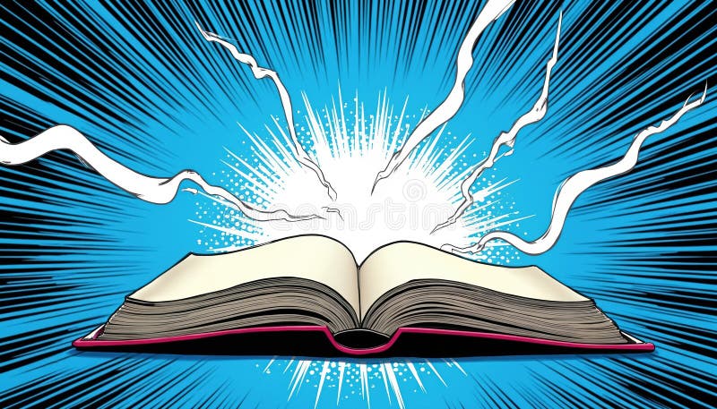 Open Book in Comic Style with Lightning and Halftone Dots. Education ...