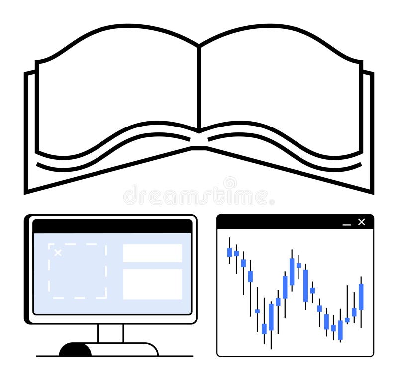 Open Book, Computer Screen with Graph, and Analytics Chart Representing ...