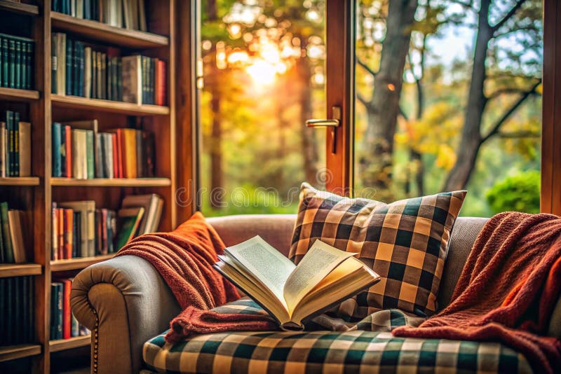 Open Book on Cozy Couch by Library Window, Autumn Sun Stock ...