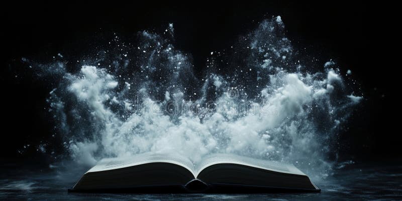 Open Book Creating Dramatic Splash of Powder Against Dark Background ...