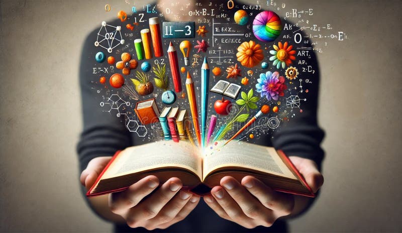 Open Book with Creative Elements Stock Illustration - Illustration of ...