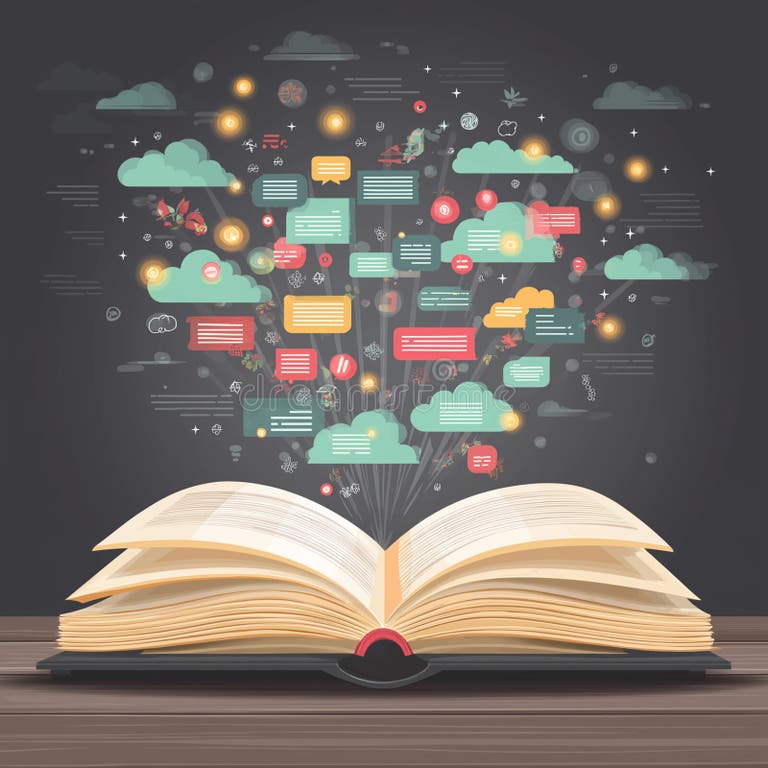 Open Book with Creative Ideas and Cloud Thoughts Stock Illustration - Illustration of ideas ...