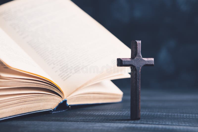 An Open Book and a Cross on the Table Stock Image - Image of antique ...
