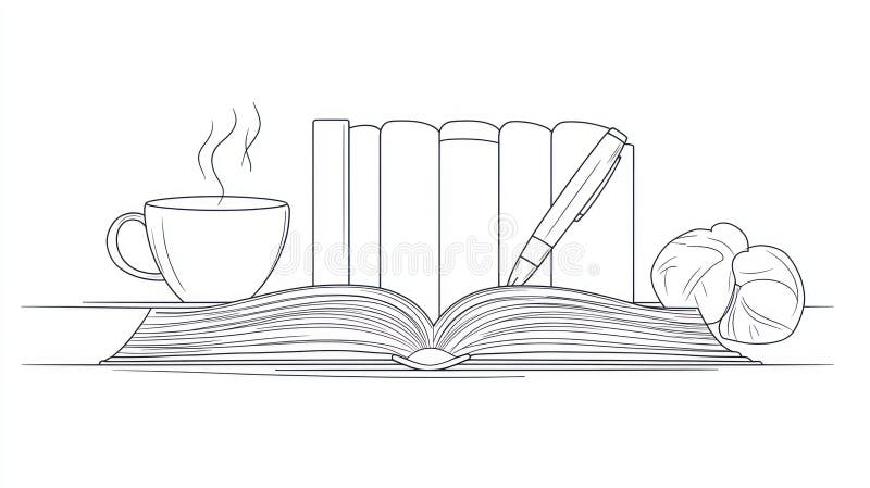 Open Book with Cup of Coffee, Pen, and Stack of Books in Line Art Style ...