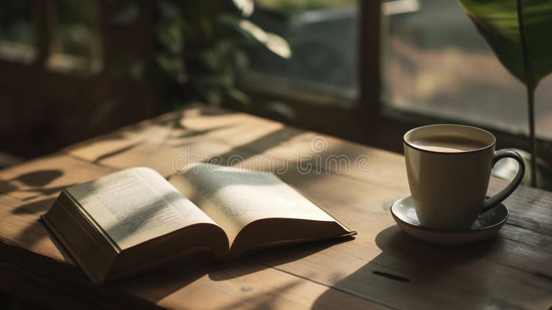 Open Book and Cup of Coffee on Wooden Table by Window. Soft Sunlight ...