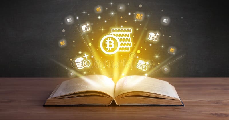 Open Book with Currency Icons Above Stock Photo - Image of symbol ...
