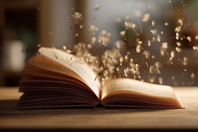 Open Book with Dandelion Seeds Floating Away Stock Illustration ...