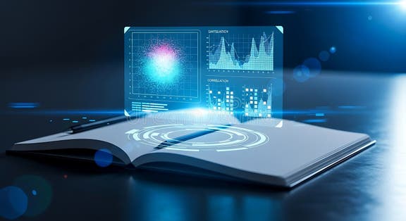 An Open Book on a Dark Surface Displays a Digital Hologram Featuring ...