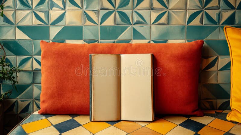 Open Book on Decorative Cushions with Colorful Tiles Background Stock ...