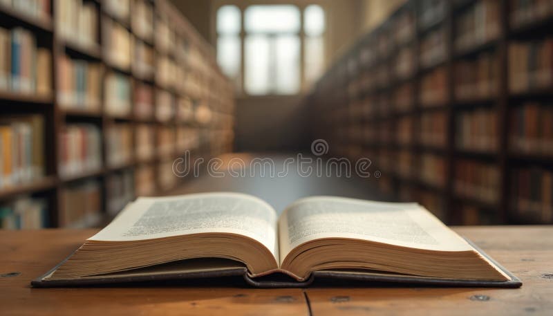 Open Book on Desk in Library. Old Textbook and Aisle of Bookshelves in ...