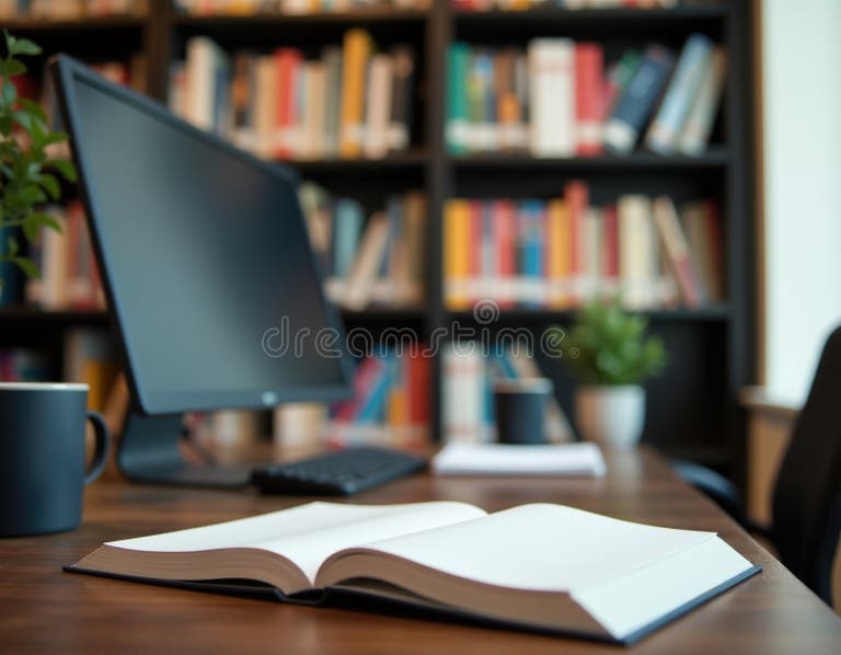 Open Book on Desk in Library Setting with Computer - Education ...