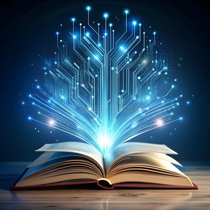 Open Book with Digital Circuitry Emanating Representing Knowledge and ...
