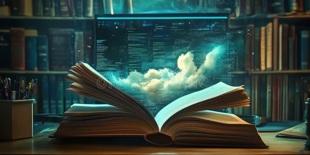 Open Book with Digital Clouds Emerging from Computer Screen Stock ...
