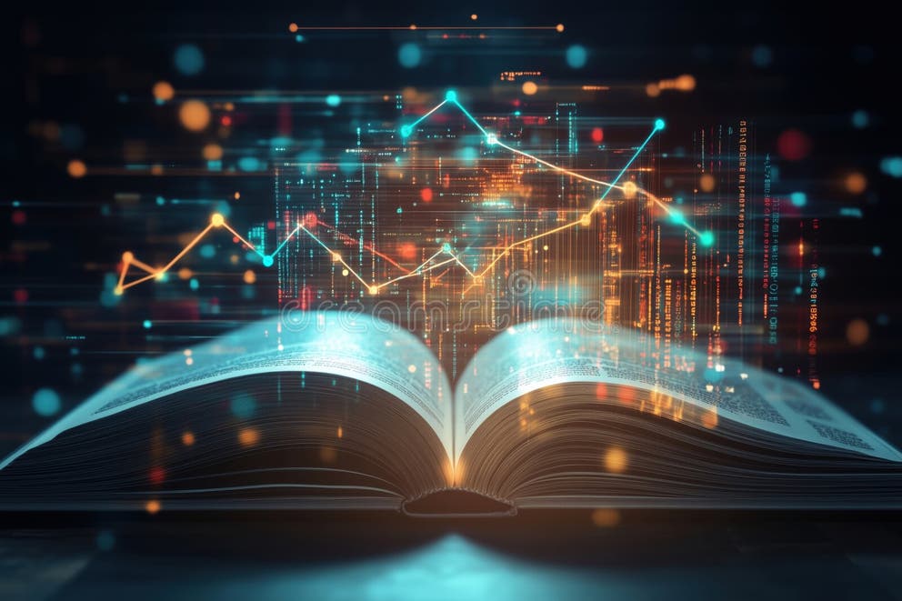 Open Book with Digital Data Visualization, Glowing Graphs and Lines Stock Image - Image of ...