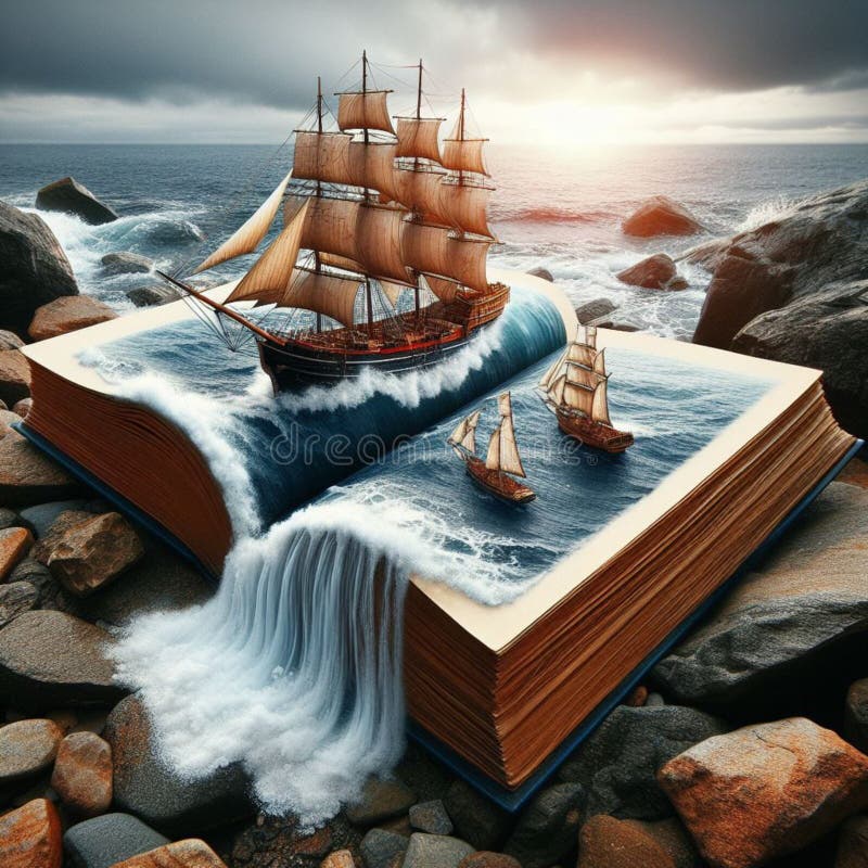 An Open Book with 3 Dimensional Photo of a Sailing Ship on a Rocky ...