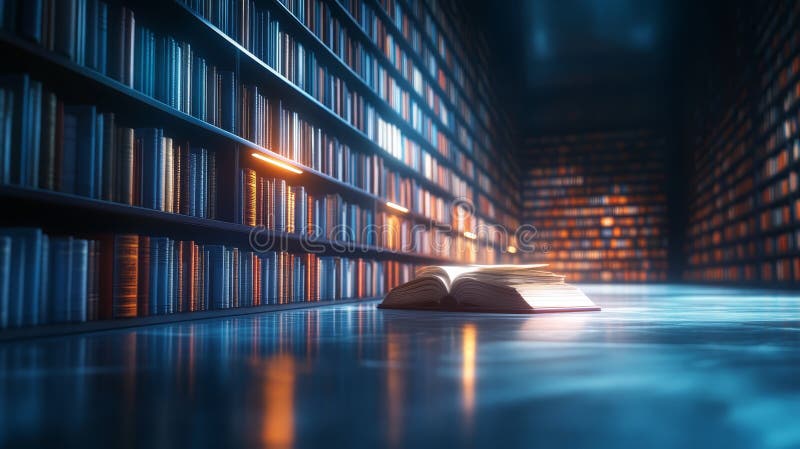 Open Book in Dimly Lit Library Aisle Stock Illustration - Illustration ...