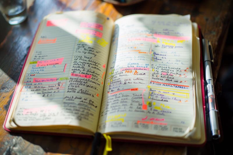 An Open Book Displaying Highlighted Notes and Text Sits on a Table, an ...