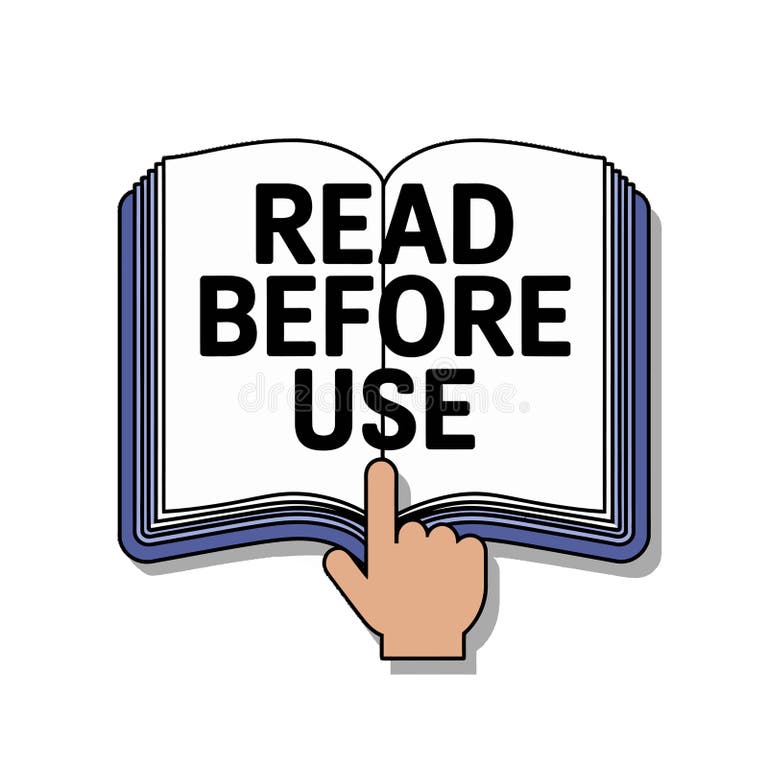 An Open Book Displays the Bold Text READ before USE and a Hand Points ...
