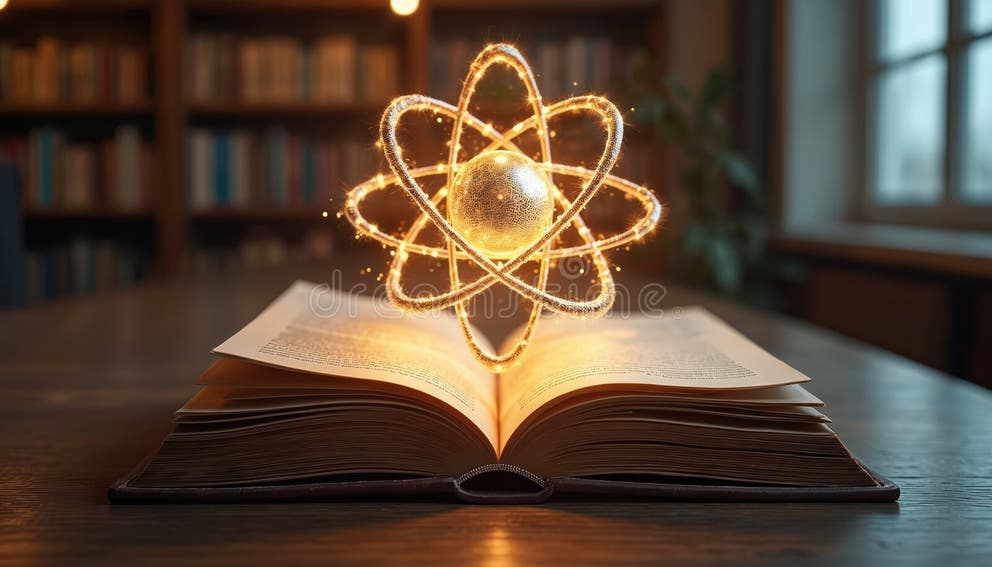 Open Book Displays Glowing Atom Model. Interactive Typography Explains Advanced Physics Concepts ...