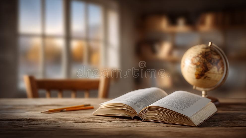 Open Book Displays Text on Rustic Wooden Table in Inviting Study with ...